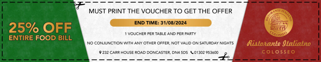 25% OFF ENTIRE FOOD BILL – Colosseo Restaurant in Doncaster