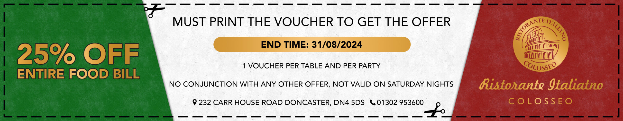 25% OFF ENTIRE FOOD BILL – Colosseo Restaurant in Doncaster